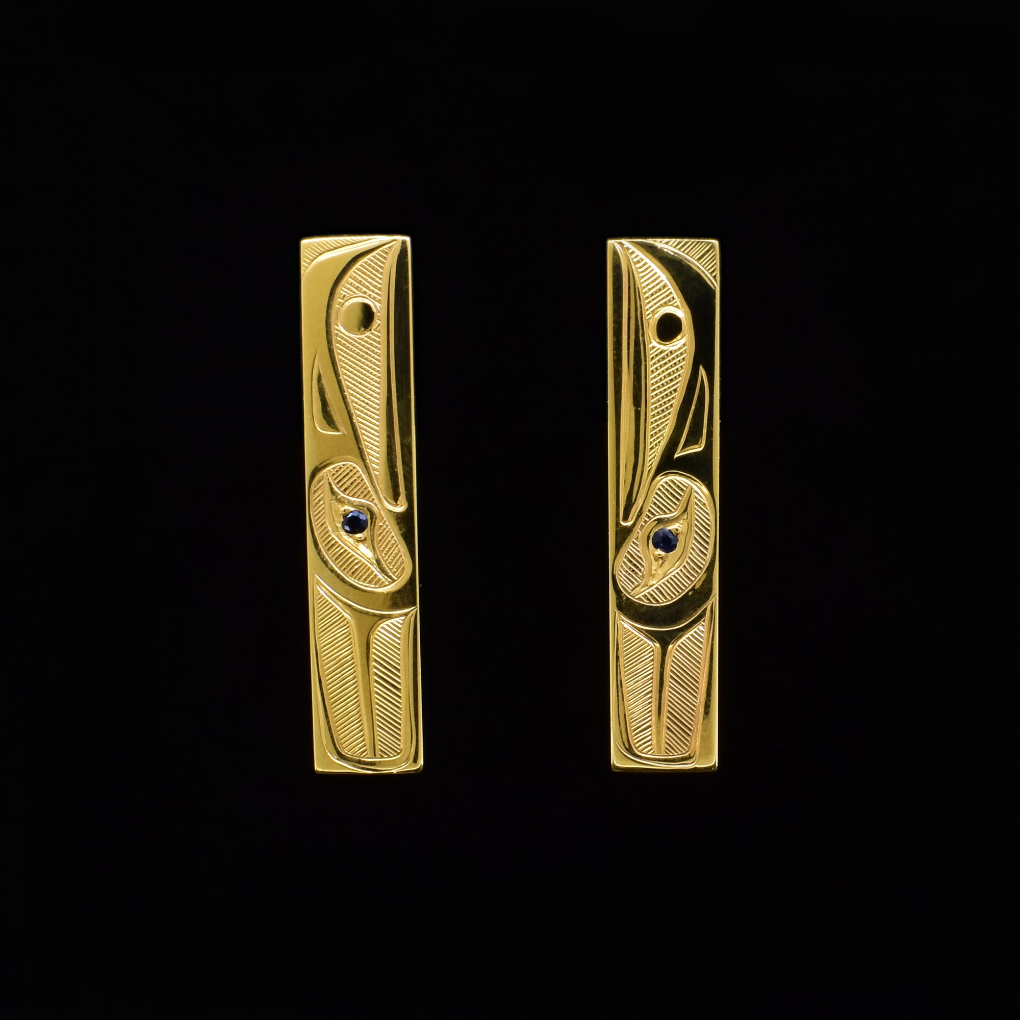 Rectangular Gold Raven Studs with Sapphires | Artina's Jewellery