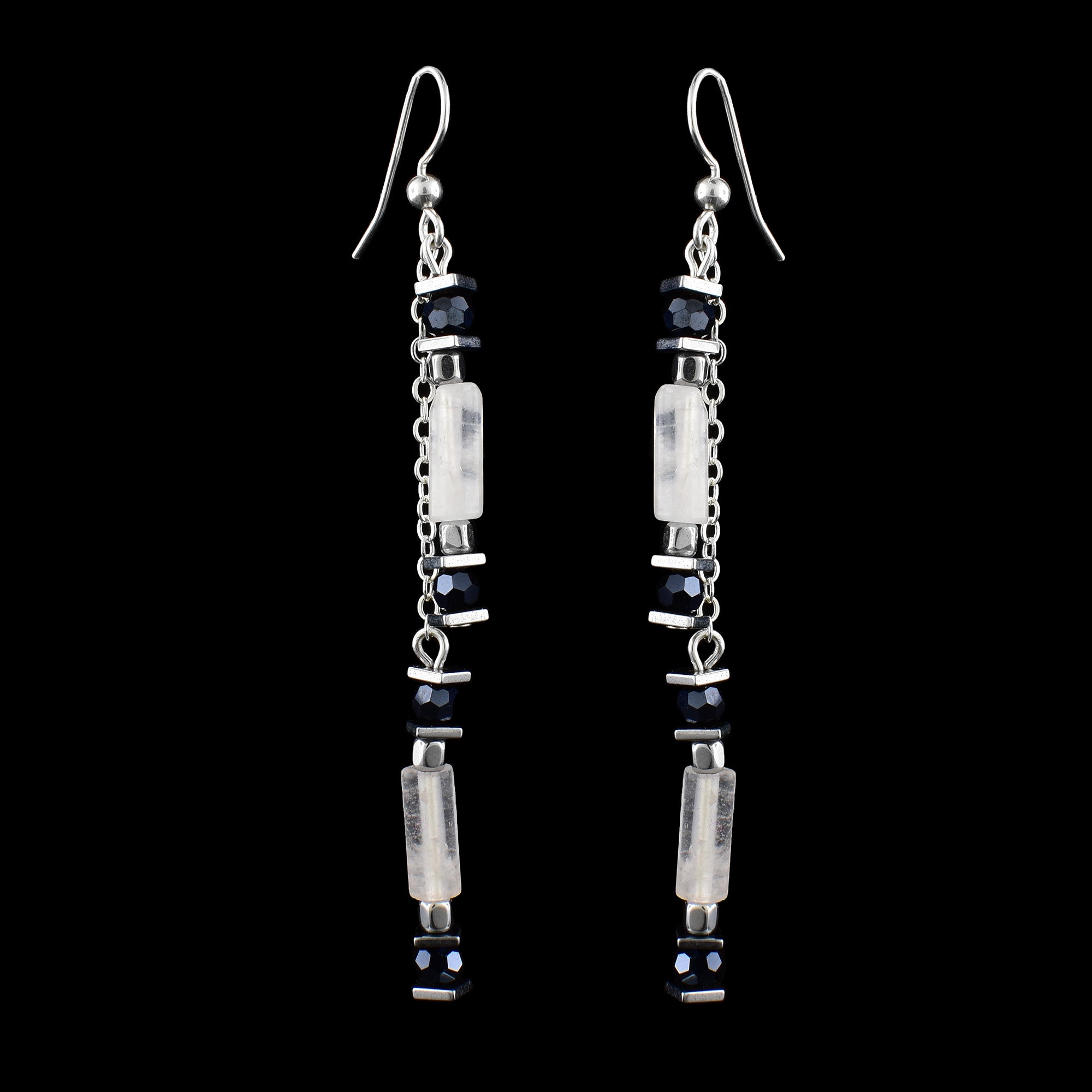 Rutilated Quartz & Hematite Cylinder Dangle Earrings